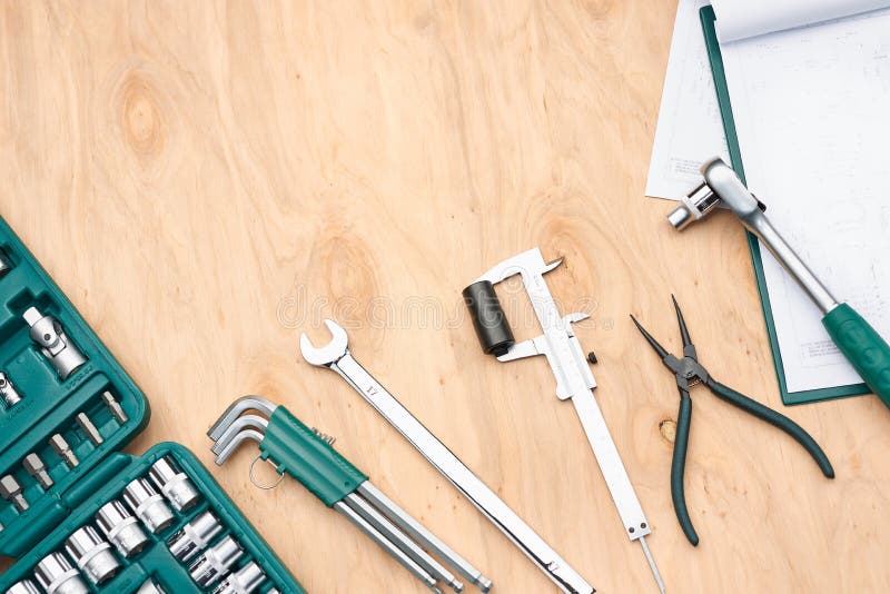 Workshop Table with Many Tools. Wrench, Spanner, Calliper and Ratchet ...