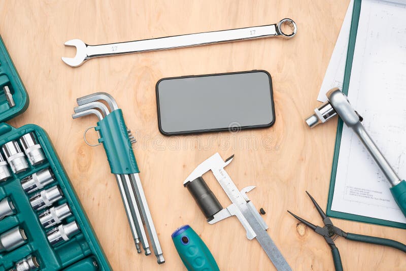 Workshop Table with Many Tools. Wrench, Spanner, Calliper and Ratchet ...