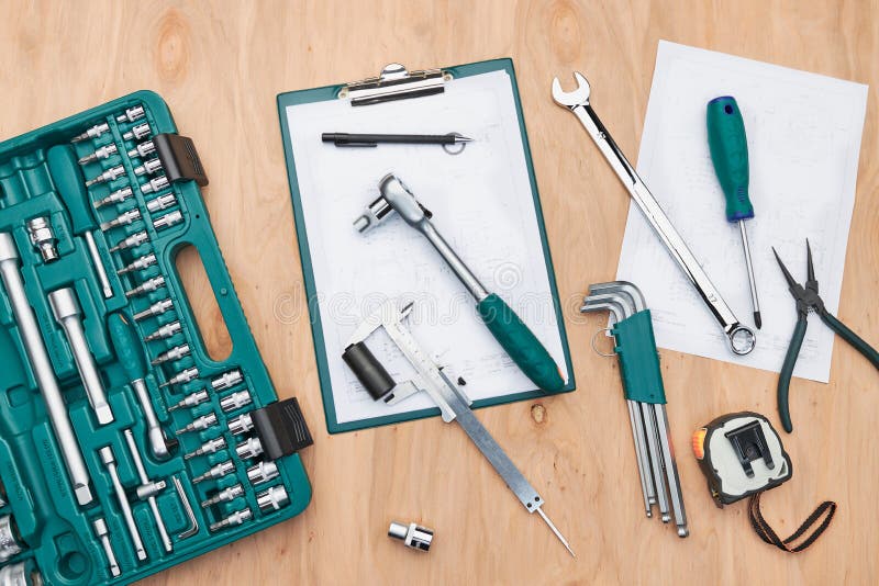 Workshop Table with Many Tools. Wrench, Spanner, Calliper and Ratchet ...