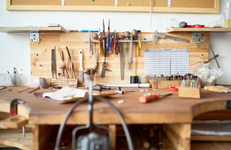 Workshop Table with Tools stock image. Image of copy - 99613637