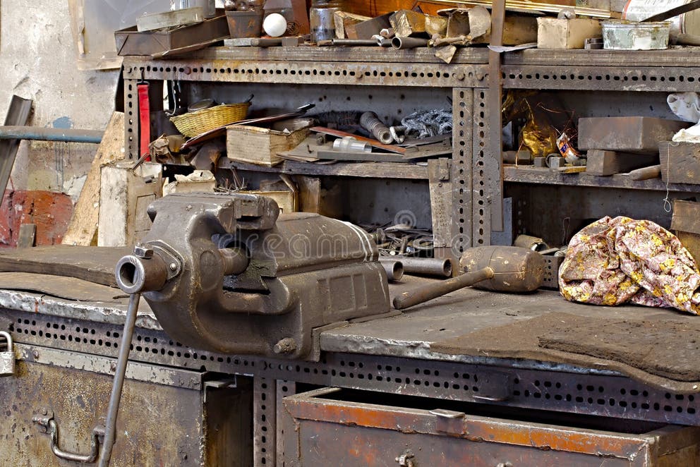 Workshop table with vise stock photo. Image of greasy - 54808000