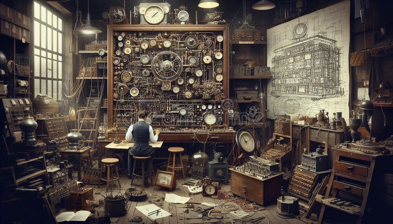Workshop of Vintage Clocks and Mechanical Devices Stock Illustration ...