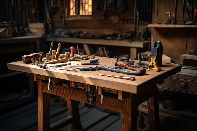 Workshop Wooden Workbench with Hand Tools Neatly Organized on Top ...