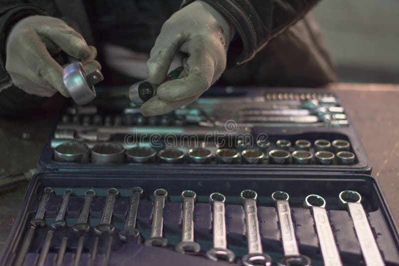 Workshop Worker Using Wrench from Wrench Set Stock Image - Image of ...