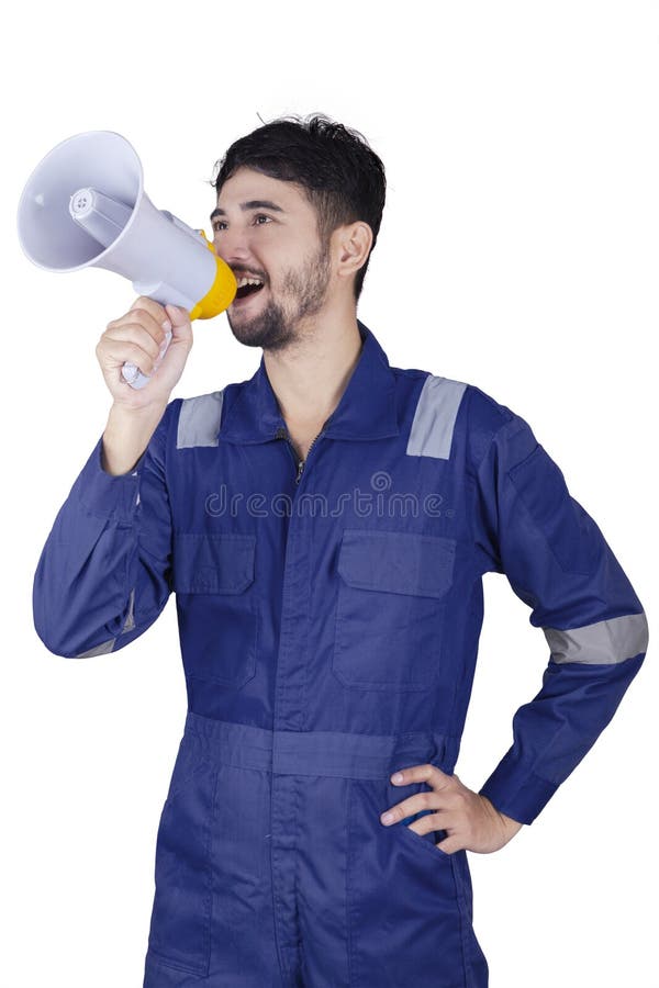 Workshop Worker Shouting with a Megaphone Stock Photo - Image of garage ...
