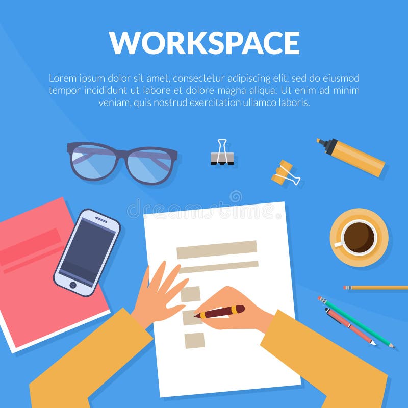 Workspace Banner with Objects Rested on Desk Top View of Table Vector ...