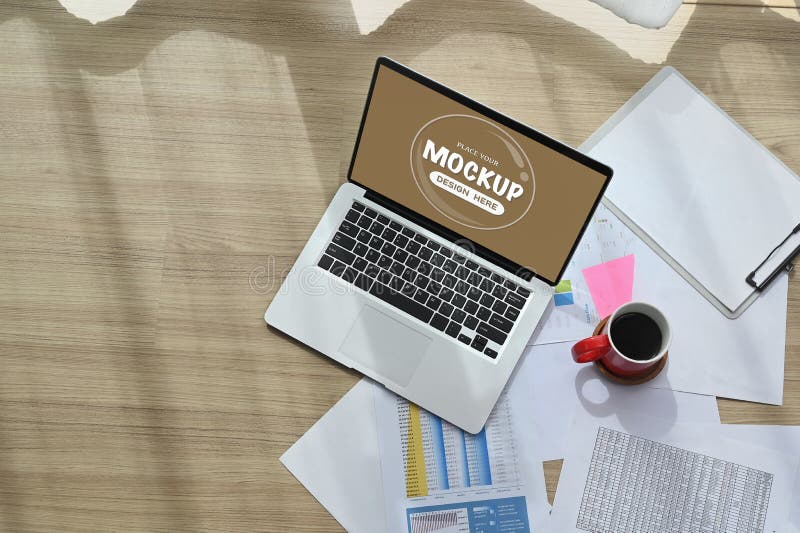 Workspace with Blank Desktop Computer Laptop, Paper Work and Coffee on ...