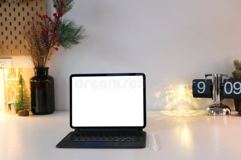 Workspace with Blank Screen Computer Laptop Putting on Desk Stock Image ...