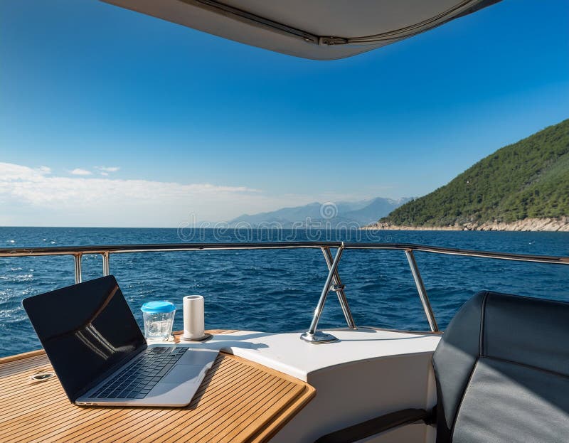 A Workspace on a Boat Deck, Featuring a Laptop on a Desk and Waves in ...