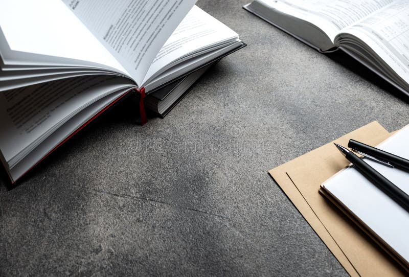 Workspace with Books Notebook Pens on the Desk. Close-up with Copy ...