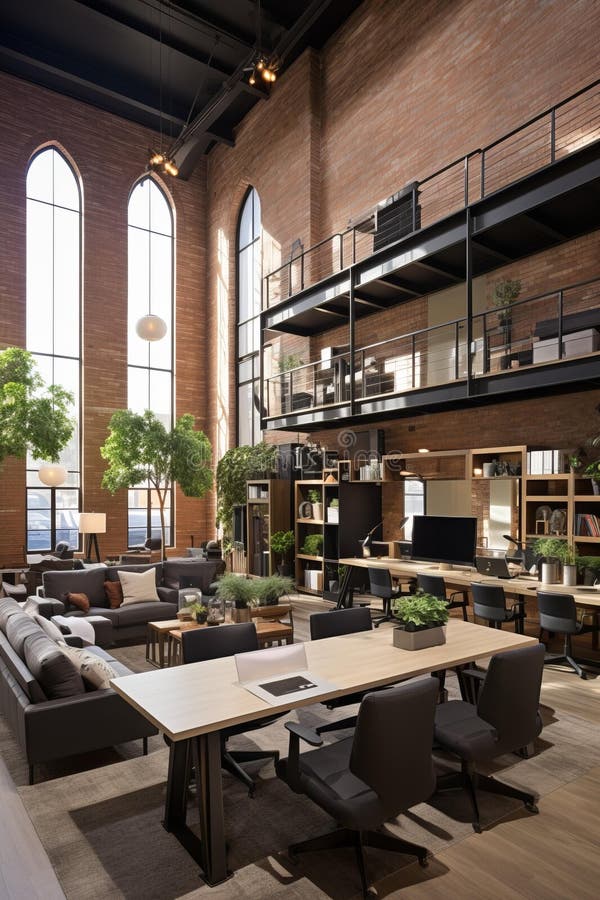 Workspace with Brick Walls and Large Windows Generated Using AI. Stock ...