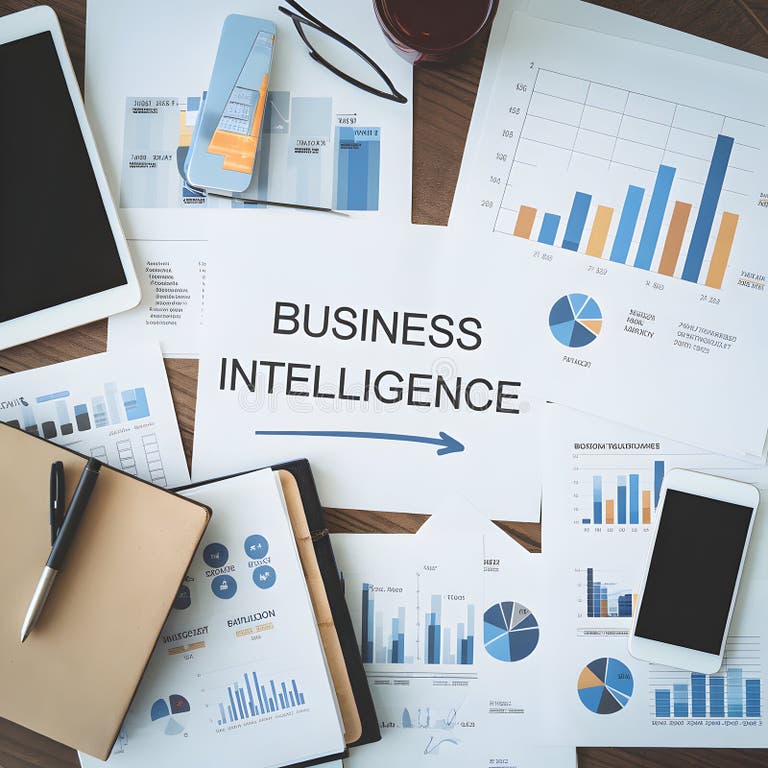 Workspace with Business Documents, Tablet, and Business Intelligence ...