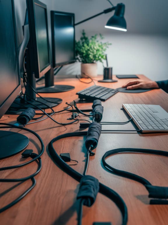Workspace with Cable Management and Multiple Monitors Stock Illustration - Illustration of ...