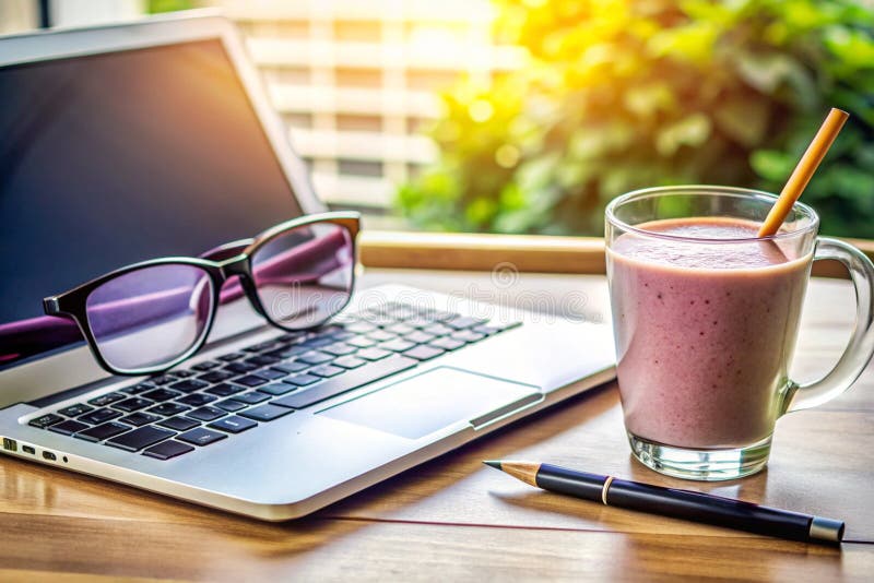 Workspace with Computer, Active Pen, Eyeglasses, and Coffee Smoothie ...