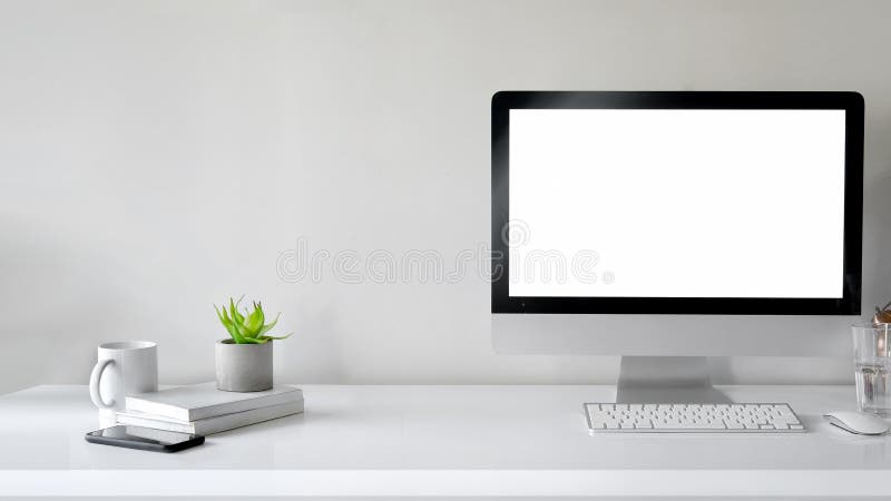 Workspace with Computer with Blank White Screen Stock Photo - Image of ...