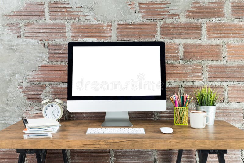 Workspace with Computer with Blank White Screen, and Office Supplies on ...