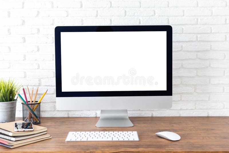 Workspace with Computer with Blank White Screen, and Office Supplies on ...