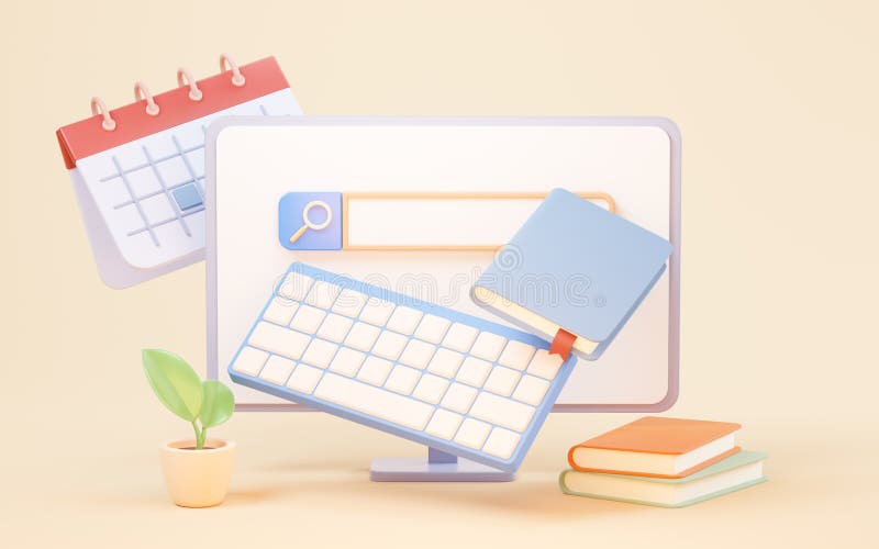 Workspace with Computer and Books, 3d Rendering Stock Illustration ...