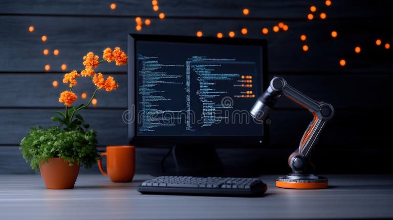 Workspace with Computer Coding Screen Plant and Warm Lighting Accents ...