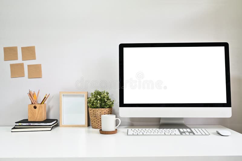 Workspace Computer, Coffee Office Supplies on Table Stock Image - Image ...