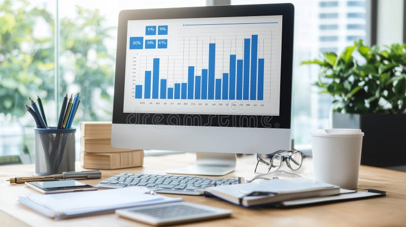 Workspace With A Computer Displaying Data Charts Stock Illustration Illustration Of Statistics