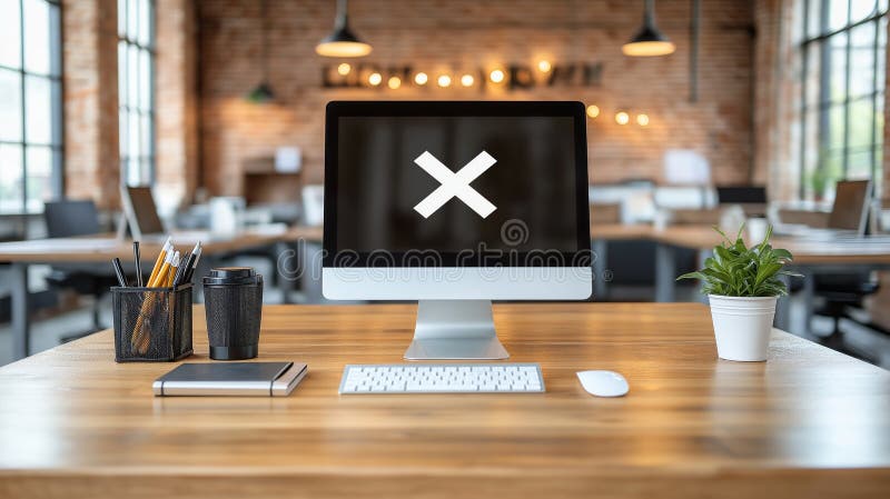 Workspace with Computer Displaying an Error Message and Minimalistic ...