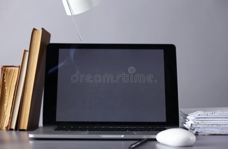 Workspace with Computer and Documents in Office Stock Image - Image of ...