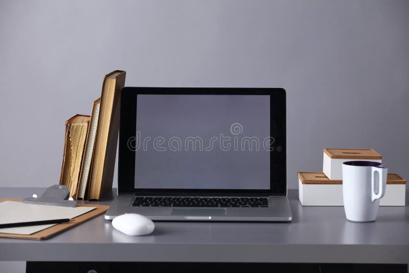 Workspace with Computer and Documents in Office Stock Image - Image of ...
