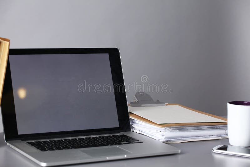 Workspace with Computer and Documents in Office Stock Image - Image of ...