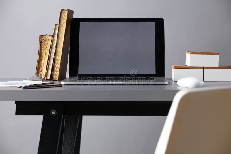 Workspace with Computer and Documents in Office Stock Photo - Image of ...