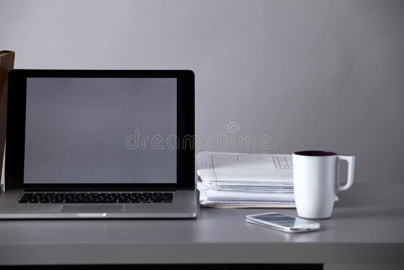 Workspace with Computer and Documents in Office Stock Image - Image of ...