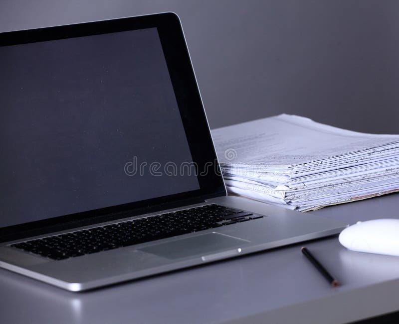 Workspace with Computer and Documents in Office Stock Photo - Image of ...