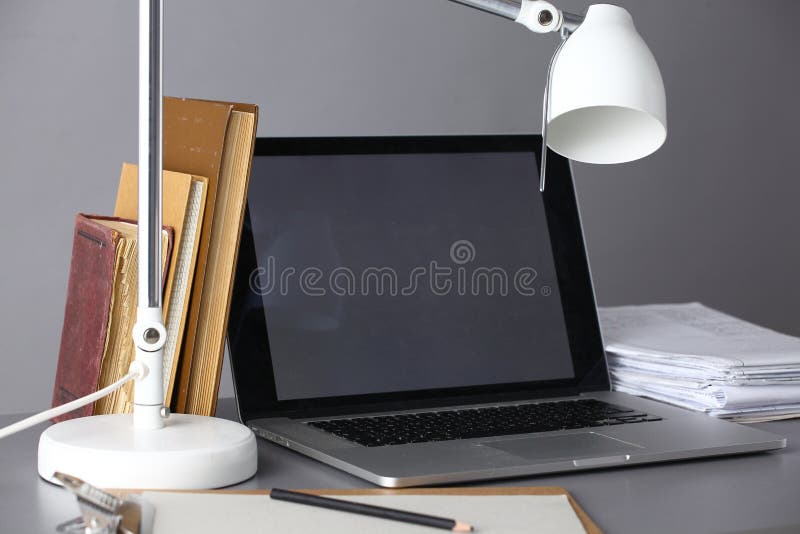 Workspace with Computer and Documents in Office Stock Image - Image of ...
