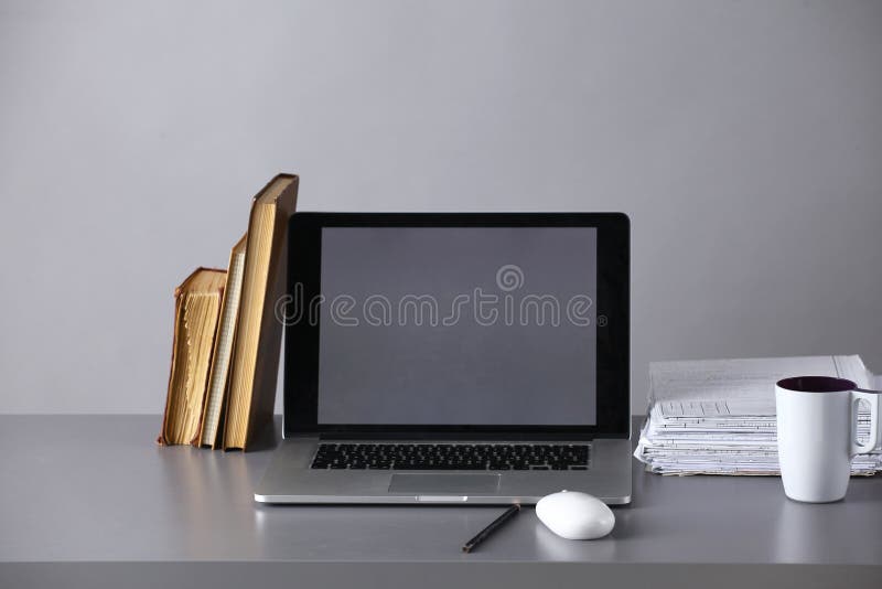 Workspace with Computer and Documents in Office Stock Image - Image of ...