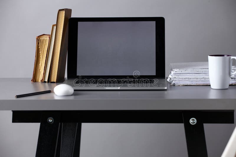Workspace with Computer and Documents in Office Stock Image - Image of ...