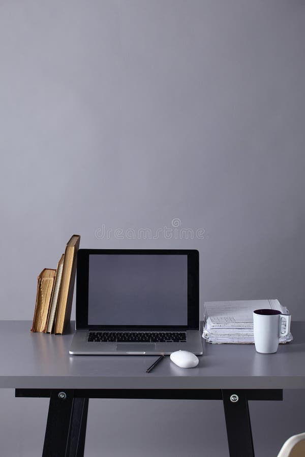 Workspace with Computer and Documents in Office Stock Image - Image of ...