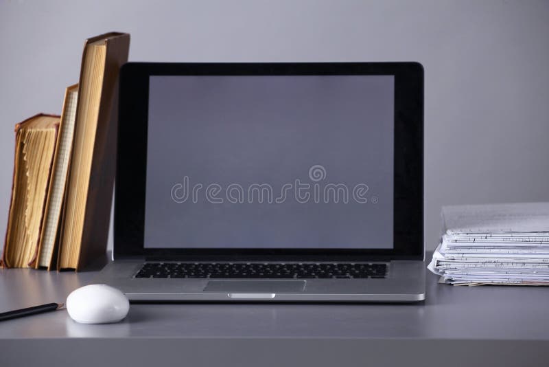 Workspace with Computer and Documents in Office Stock Photo - Image of ...