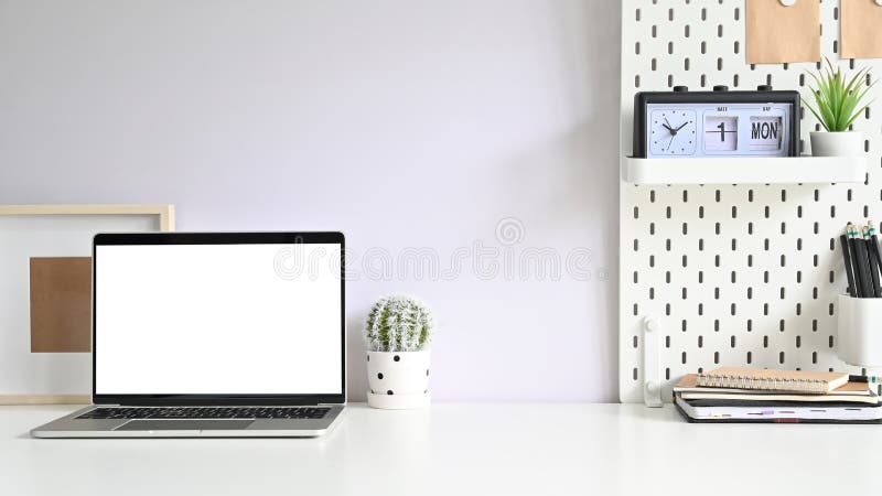 Workspace Computer, Empty Screen Laptop and Office Supplies on White ...
