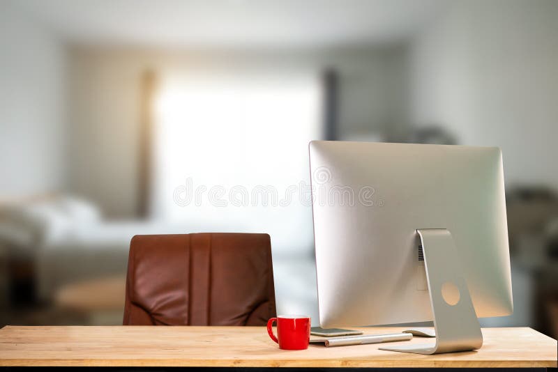 Workspace with Computer, Laptop, Office Supplies, and Coffee Cup Stock ...