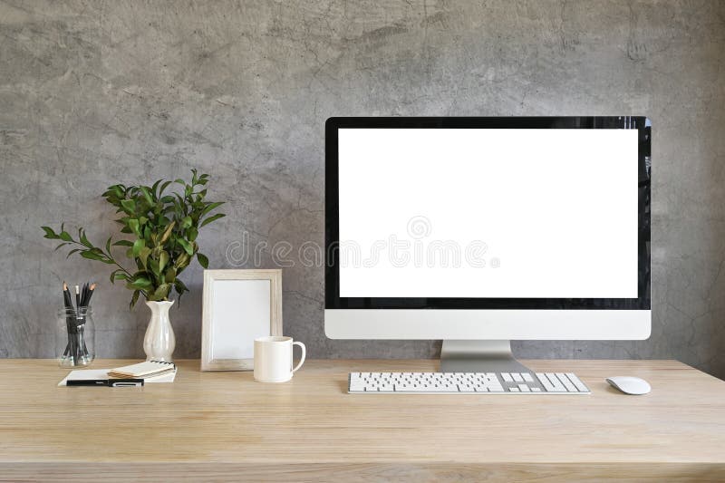 Workspace Computer Mockup and Photo Frame, Coffee with Plant Decoration ...