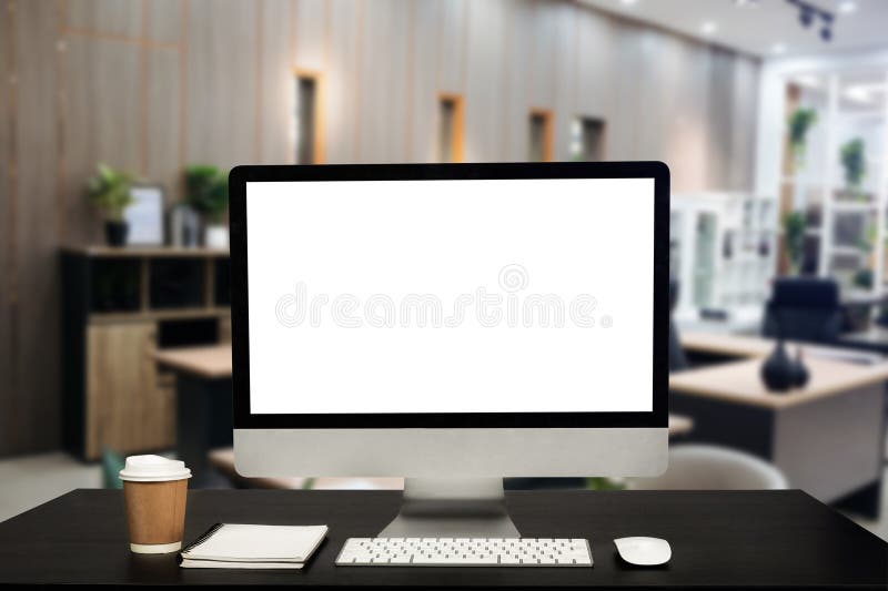 Computer Monitor, Keyboard, Coffee Cup and Mouse with Blank is on the ...