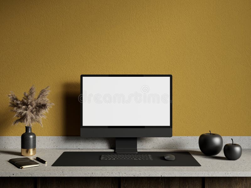 Workspace Computer, Monitor on Yellow Interior. Stock Illustration ...