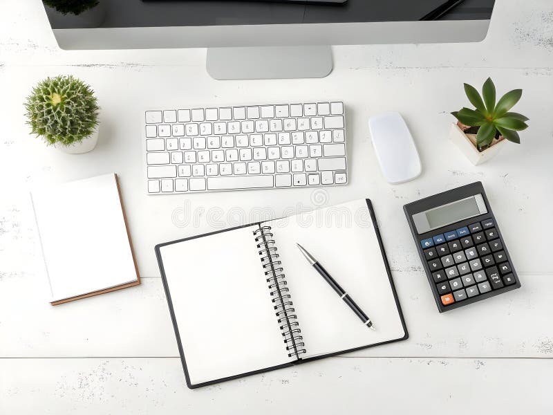 Workspace with Computer, Notebook, and Calculator on White Desk Stock ...