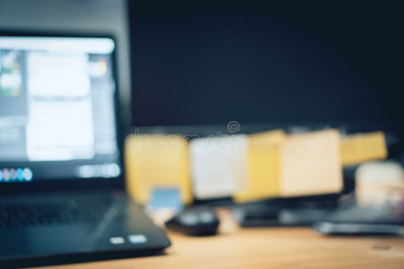 Workspace with Computer and Notes. Blurry. Close-up Stock Image - Image ...