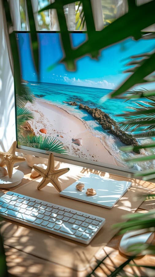 Workspace with Computer Screen Displaying Tropical Beach, Surrounded by ...