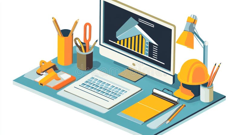 Workspace with Computer, Tools, and Architectural Design Elements in a ...
