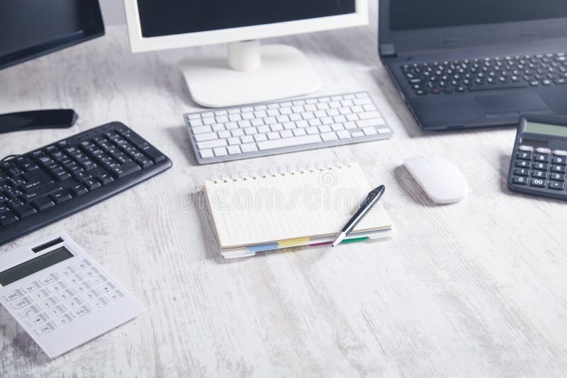 Workspace with Computers. Desk Work Concept Stock Photo - Image of ...