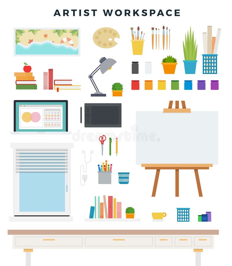 Workspace of Creator, Artist, Designer, Set of Elements. Everything for ...