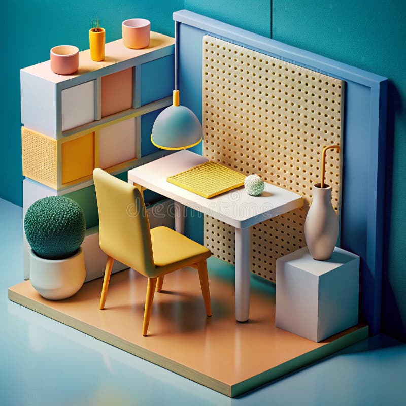 Workspace 3D Illustrations Stretches 3D Composition Chair and Desk Stock Illustration ...