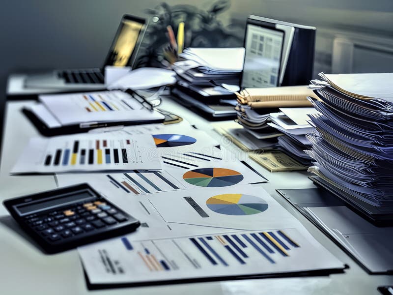 Workspace Data Analysis with Charts, Pizza and Calculator Stock Photo ...